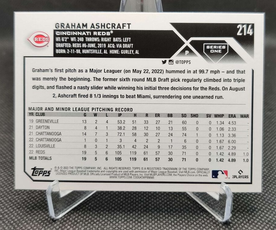 2023 Topps Series 1 #214 GRAHAM ASHCRAFT Rookie RC Cincinnati Reds ...