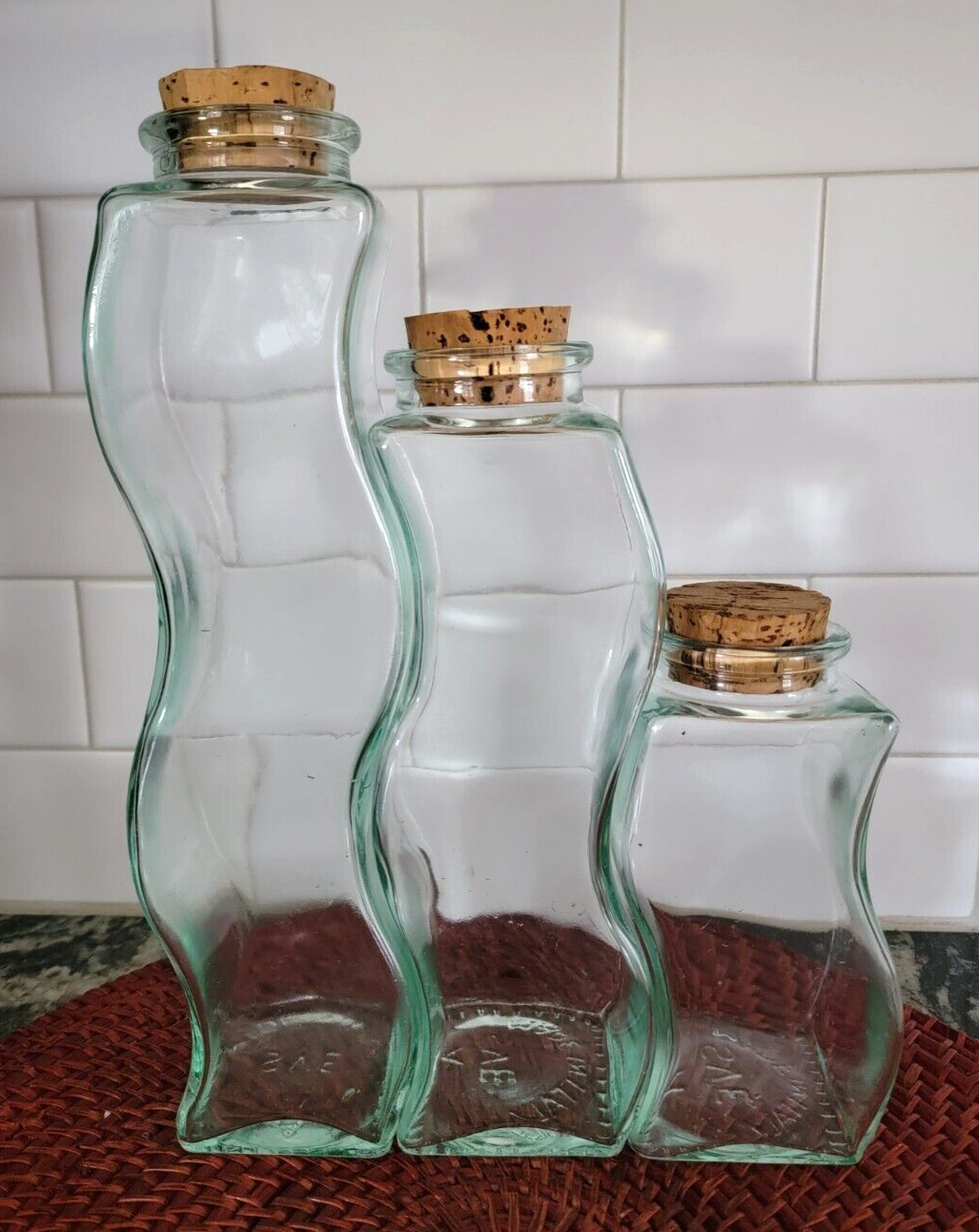 Lot of 3 A-SVE Made in Italy Green Wavy Glass Art Bottles Canisters ...