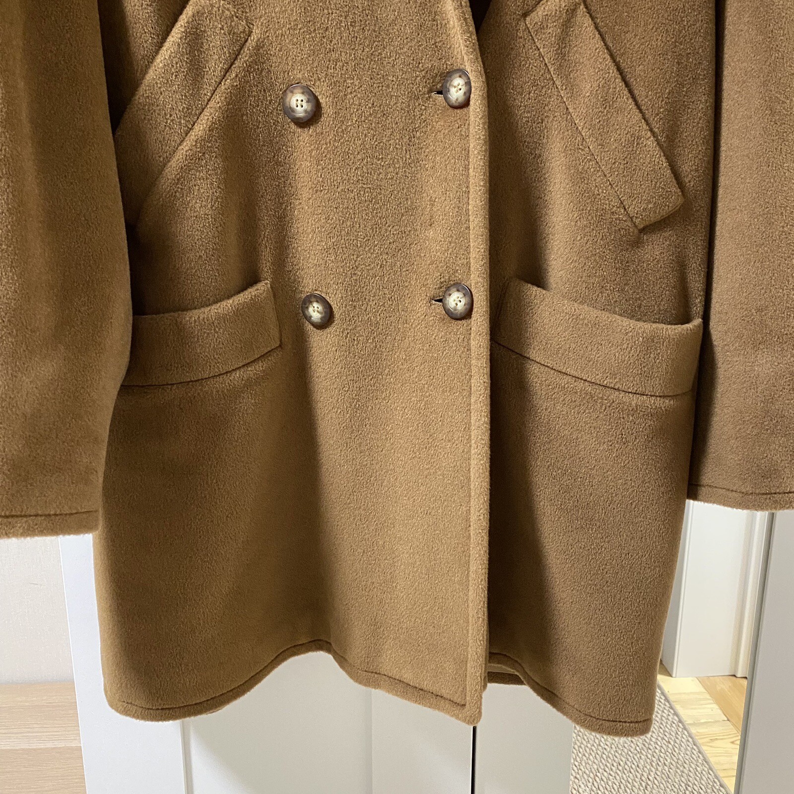 Max Mara Vintage Camel Double Breasted Wool Robe Hood… - Gem