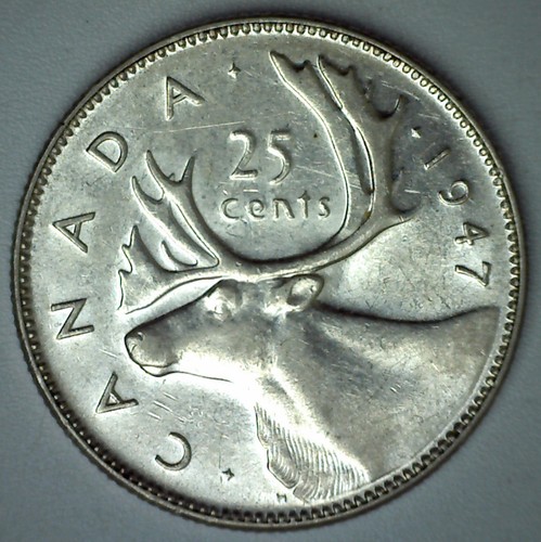 1947 Canada Silver 25 Cents AU 25c Canadian Quarter Almost Uncirculated ...