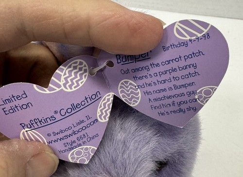 1998 SWIBCO Puffkins Bumper Bunny Rabbit Purple Plush Stuffed Animal ...