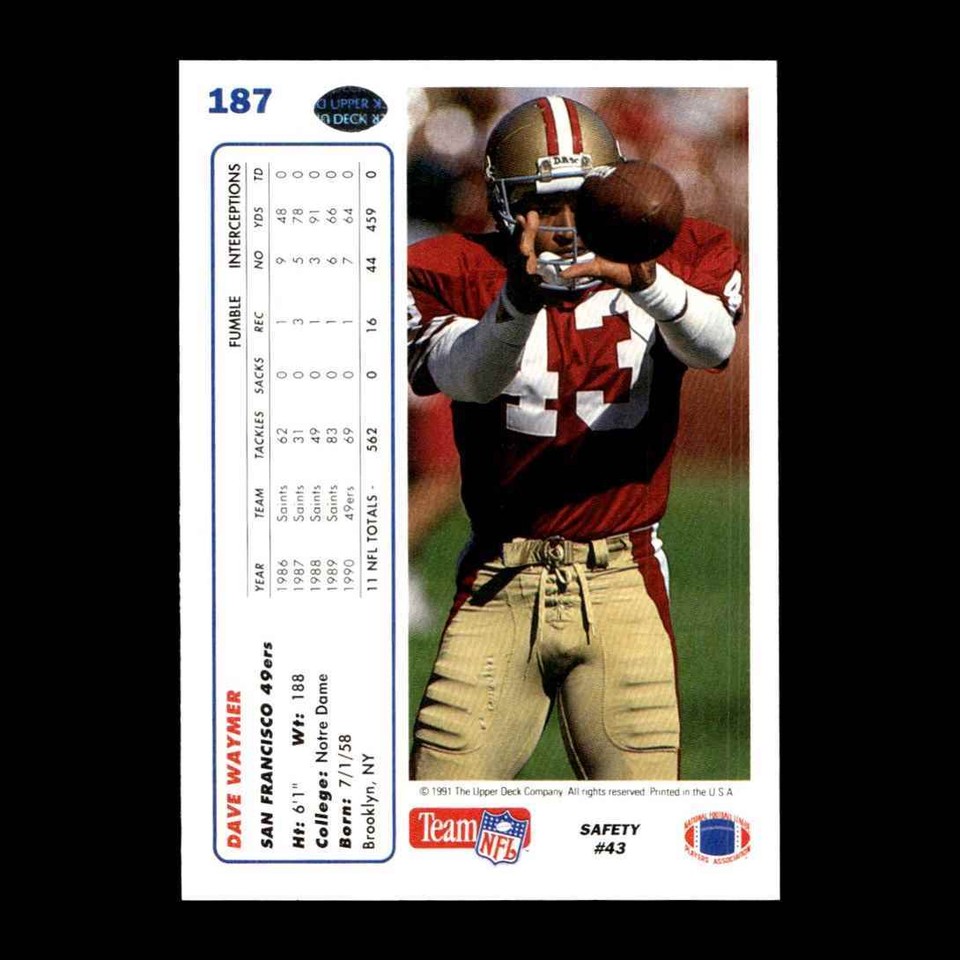 Dave Waymer 1991 Upper Deck San Francisco 49ers #187 R324I 69 | eBay