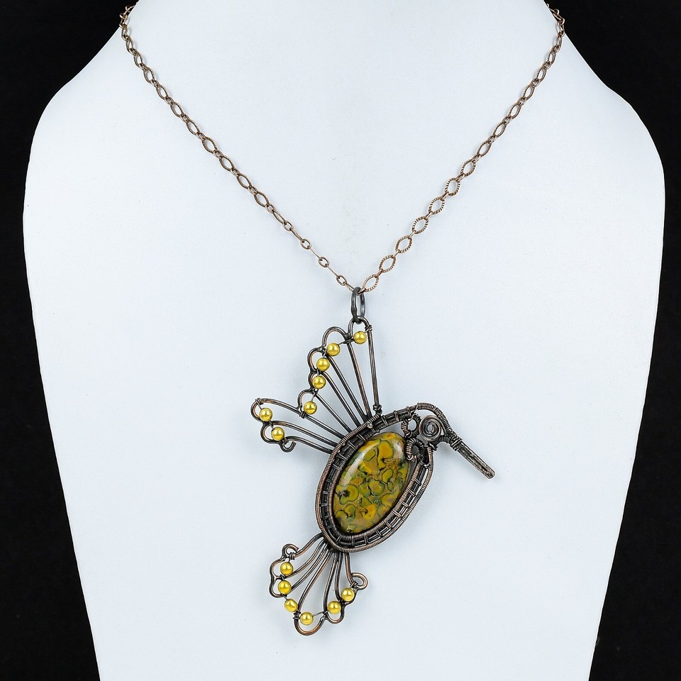 Fruit Jasper Wire Wrapped Bird Pendant Handcrafted Copper Partywear 4. ...
