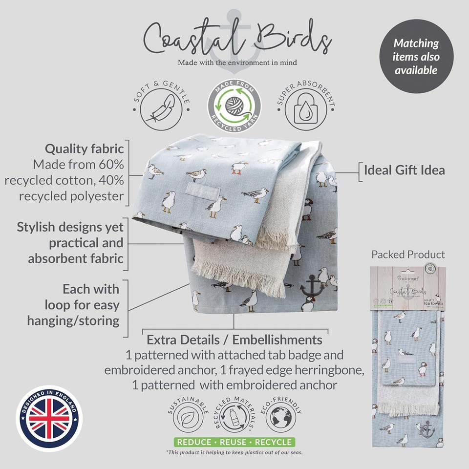 Cooksmart 100% Cotton Tea Towels Set of 3 Decorative Kitchen | eBay UK