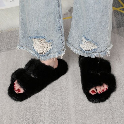 Women's Full Covered Real Mink Fur Slides Slippers Sandals Indoor ...