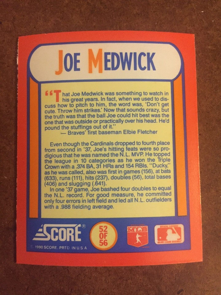 Joe Medwick 52 Of 56 Magic Motion Score 1990 MLB Baseball Trading Card ...