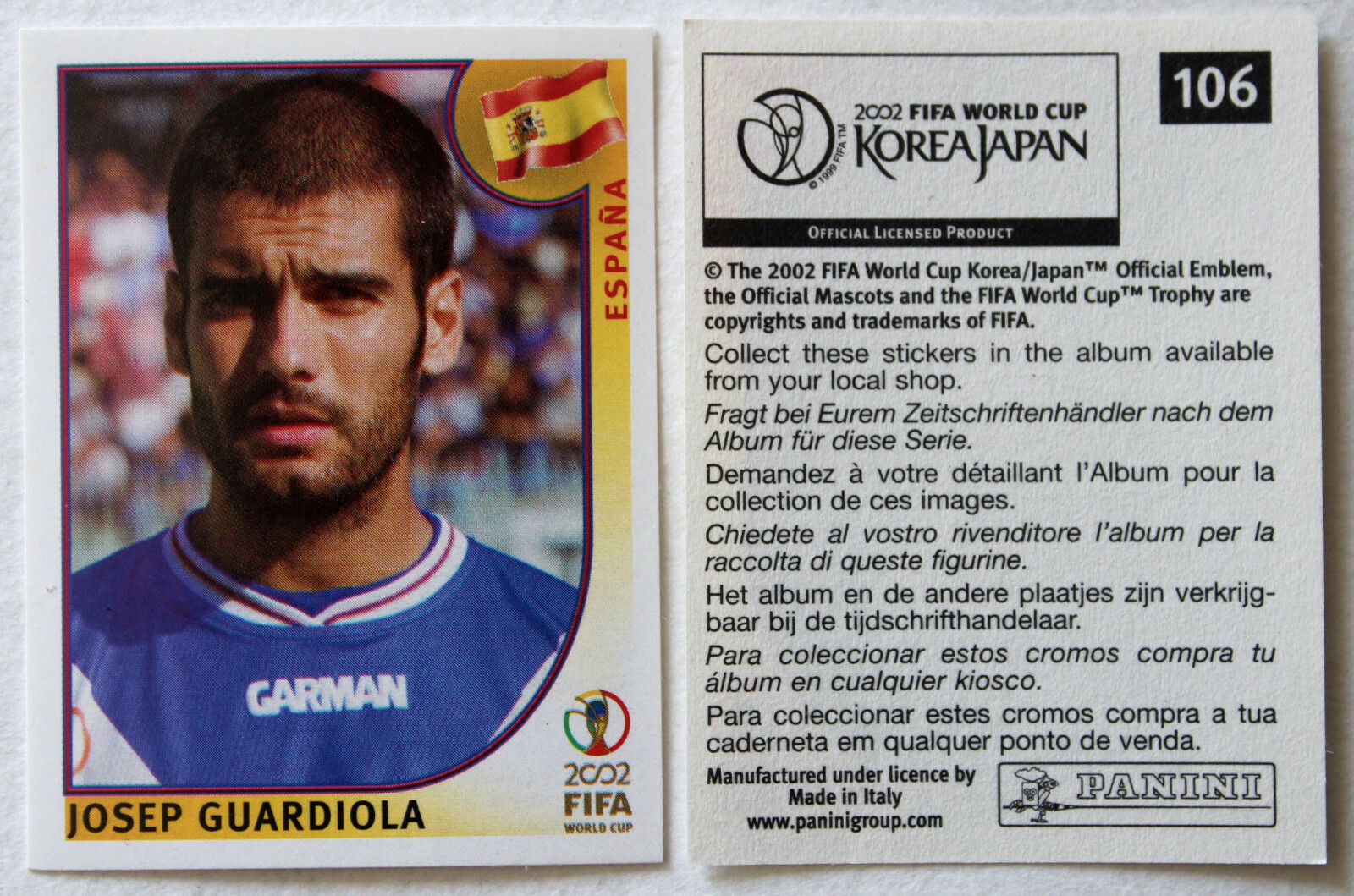 Panini Soccer Sticker Card Josep Guardiola # 106 World Cup Korea Japan ...