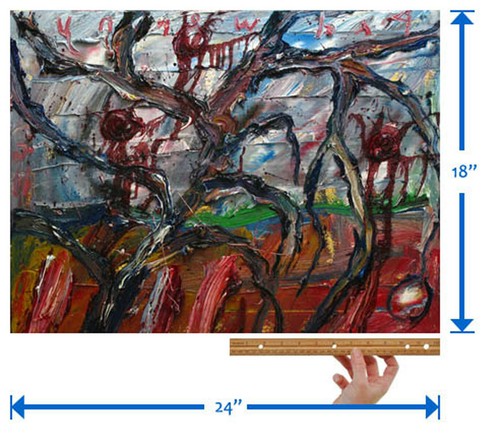 ORIGINAL OIL PAINTING LARGE EXPRESSIONIST ART LANDSCAPE TREES FOLK ...