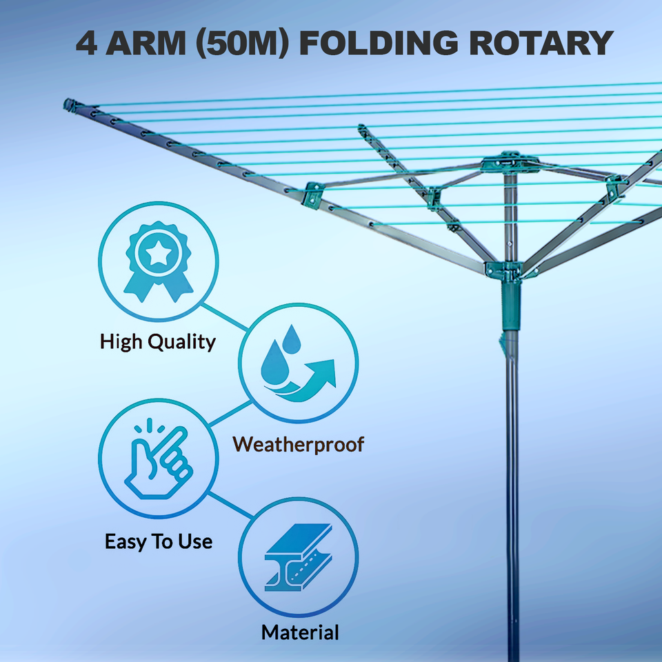 ROTARY AIRER 4 ARM 50M OUTDOOR CLOTHES GARDEN WASHING LINE DRYER SPIKE ...