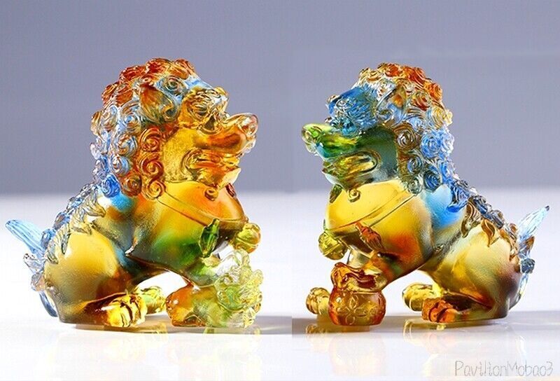 Pair Chinese Liu Li Crystal Lion Statue Feng Shui Guardian Foo Fu Dog ...