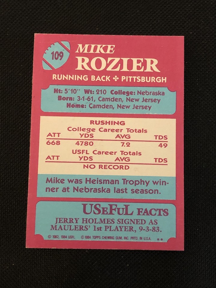 MIKE ROZIER 1984 TOPPS USFL ROOKIE SIGNED AUTOGRAPHED CARD #109 MAULERS ...
