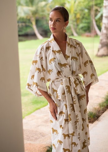 New Indian Women's White Tiger Print Kimonos Cotton Bath Robe Maxi ...