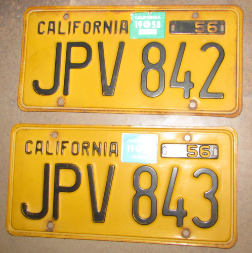 Vintage 1956 California Yellow & Black Consecutive # License Plates ...