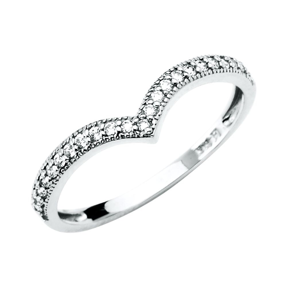 14k White Solid Gold Womens Love Cubic Zirconia V Shape Band Fancy Ring ...
