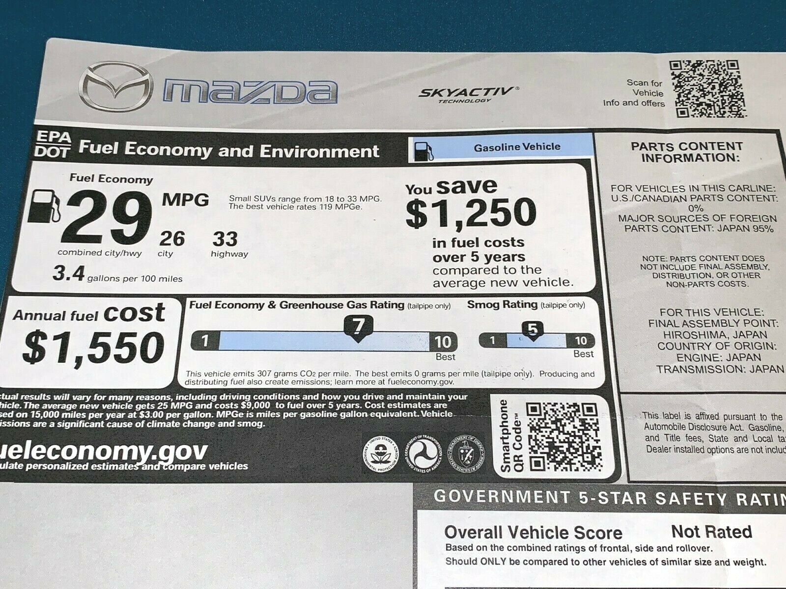 2016 Mazda CX-5 Sport Monroney Label Window Price Sticker