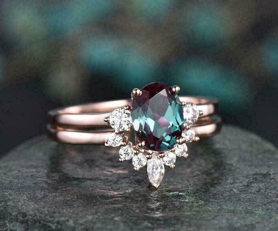 3.25 Ct Oval Cut Lab Created Alexandrite Bridal Ring Set In 14K Rose ...