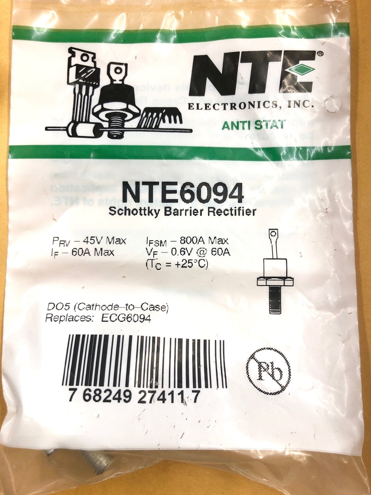 NTE6094, 45V PRV @ 60A Schottky Barrier Diode ~ DO-5 Stud Case (ECG6094 ...