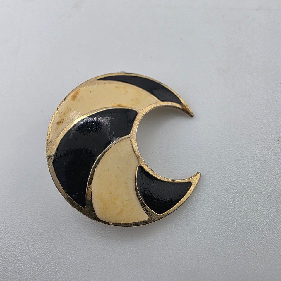 Vintage Crescent Moon Brooch Pin Gold Tone Black Beige Celestial ...