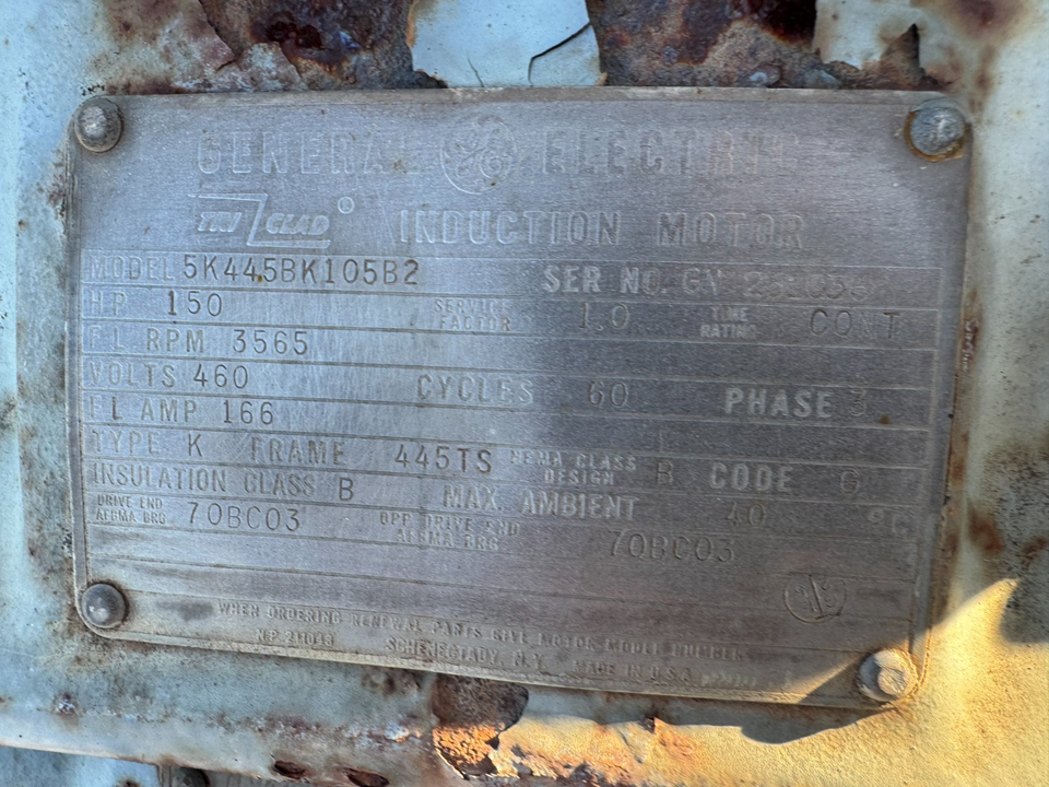 USED GENERAL ELECTRIC 150HP 3565RPM MOTOR 445TS FRAME 460V ...