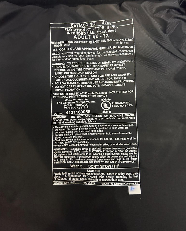 Stearns Personal Floatation Device Model# 4185ORG ADULT 4XL/7XL TYPE ...
