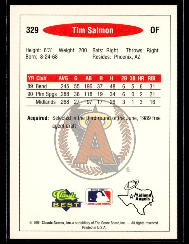 1991 Classic Best #329 Tim Salmon Baseball Card 1102Y | eBay