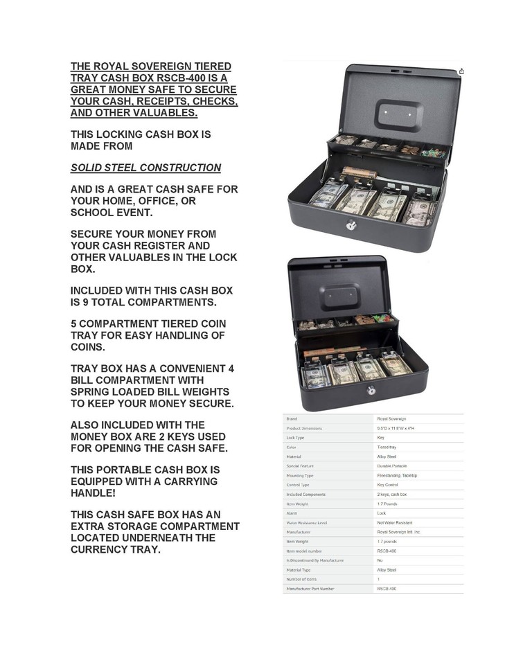 Quality Locking Large Metal Cash Box with Money Coin Tray, Lock Box ...