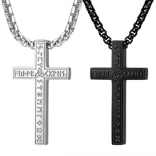Men's Viking Cross Necklace Stainless Steel Nordic Rune Celtic Amulet ...