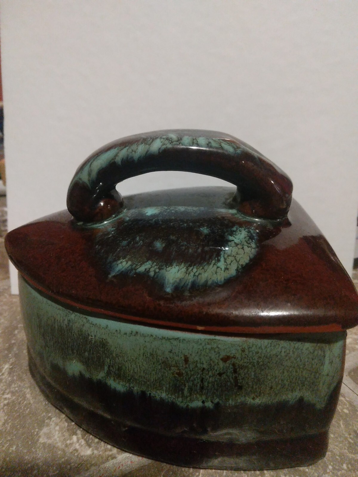 Vintage Redware Pottery Clothing Iron Shaped Lidded Trinket Box drip ...