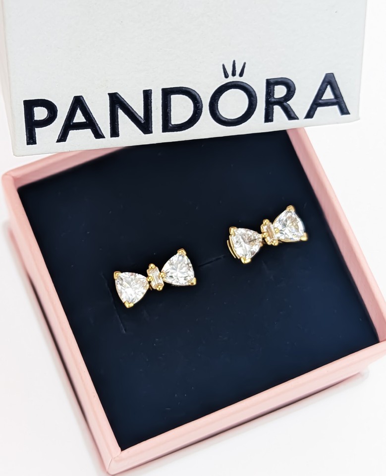 New 100% PANDORA 14K P Sparkling Bow Stud Earrings Necklace Jewelry ...
