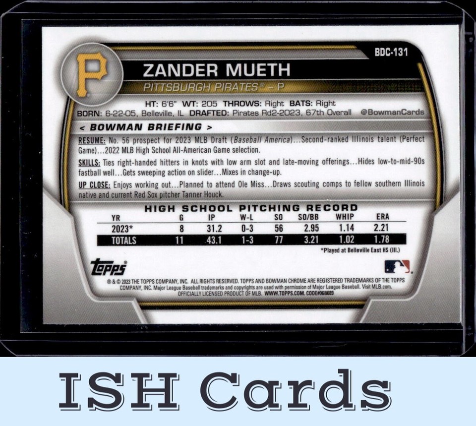 2023 Bowman Draft Zander Mueth Chrome 1st #BDC-131 Pittsburgh Pirates ...