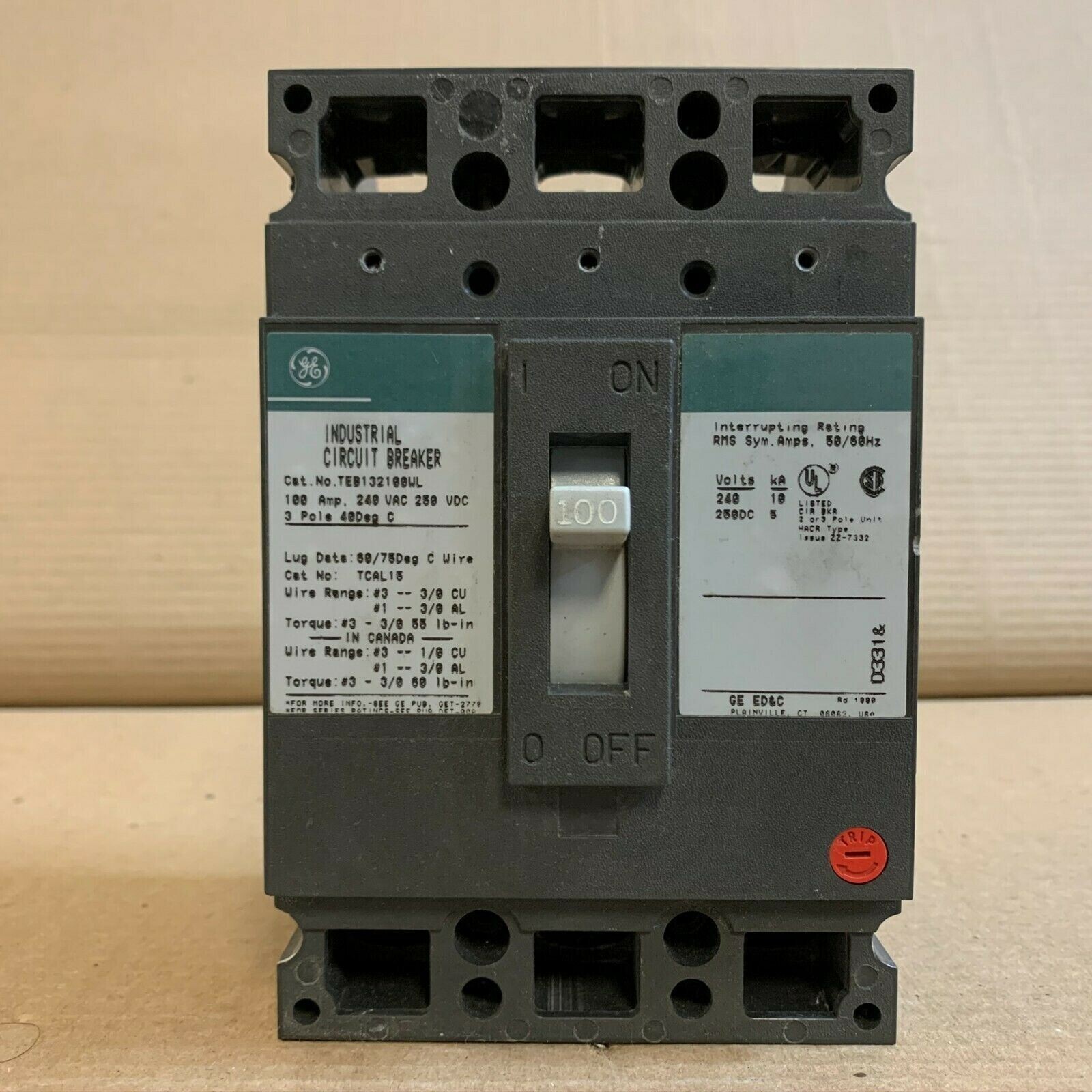GE TEB TEB132100WL 3 Pole 100 Amp 240v Circuit Breaker Green TEB132100 ...