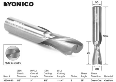 Brand New 1/2" Dia. 2 Flute Downcut CNC Router Bit - 1/2" Shank Yonico ...