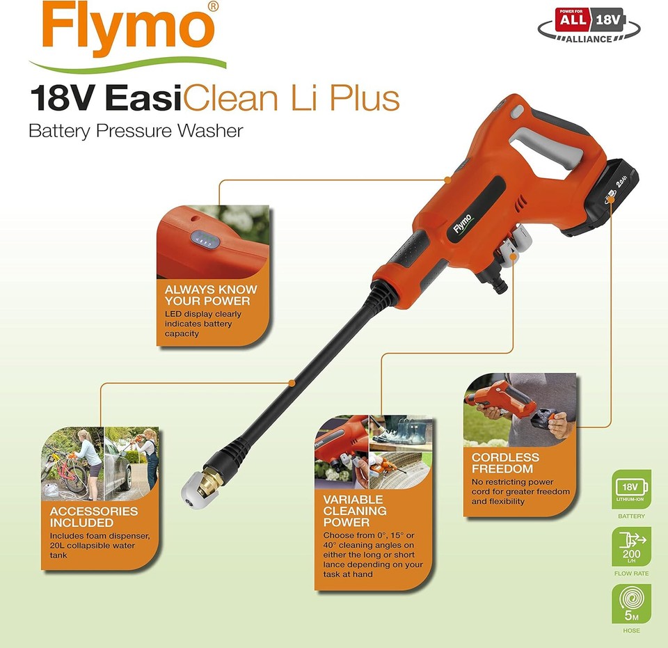 Flymo EasiClean Li Portable Pressure Washer -18v Battery & Charger ...