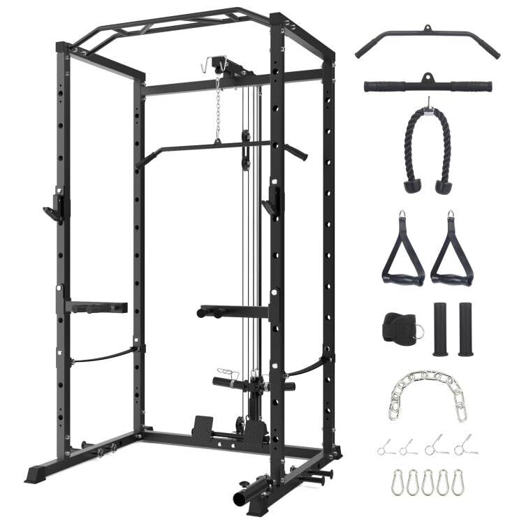 Power Cage Power Rack with Pulley System J-Hooks Squat Rack Workout for ...
