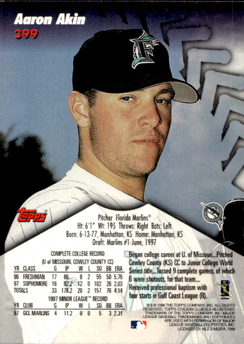 1998 Stadium Club Aaron Akin 399 Florida Marlins | eBay