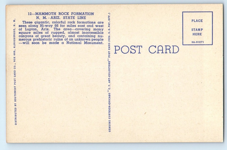 1940 Albuquerque New Mexico Postcard Mammoth Rock Formation State Line ...