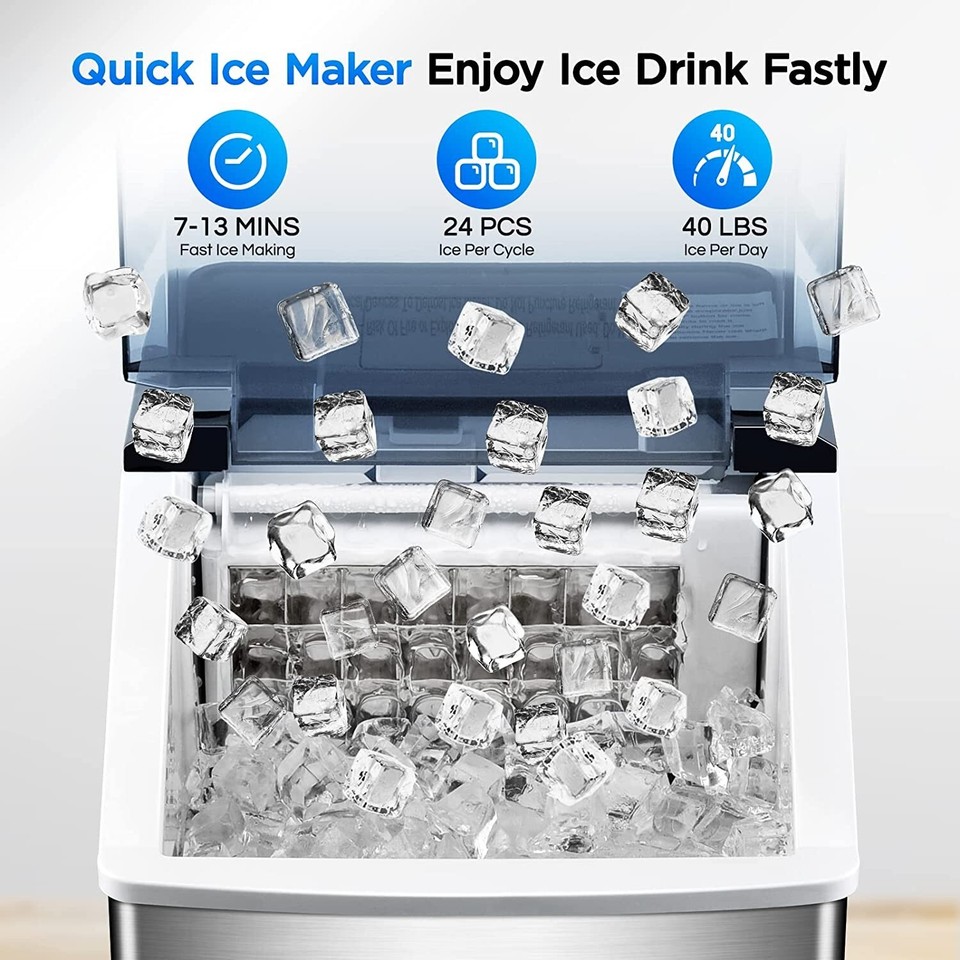 Ice Maker Countertop - 40Lbs/24H Auto Self-Cleaning 24 Ice Cubes in 13 ...