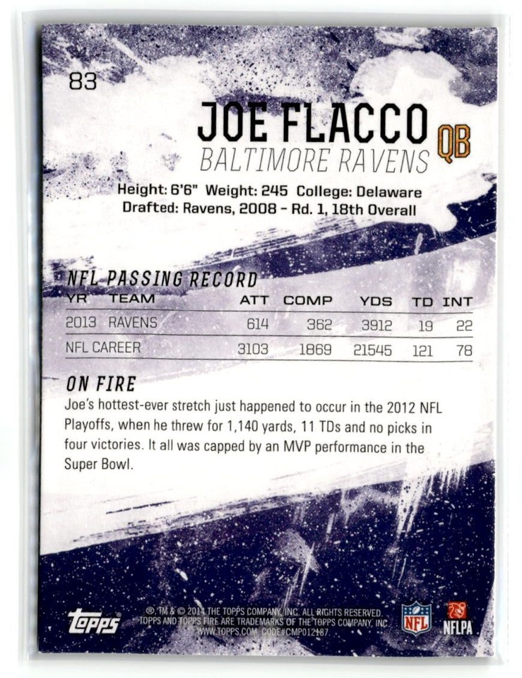 Joe Flacco Baltimore Ravens 2014 Topps Fire Flame Foil #83 | eBay