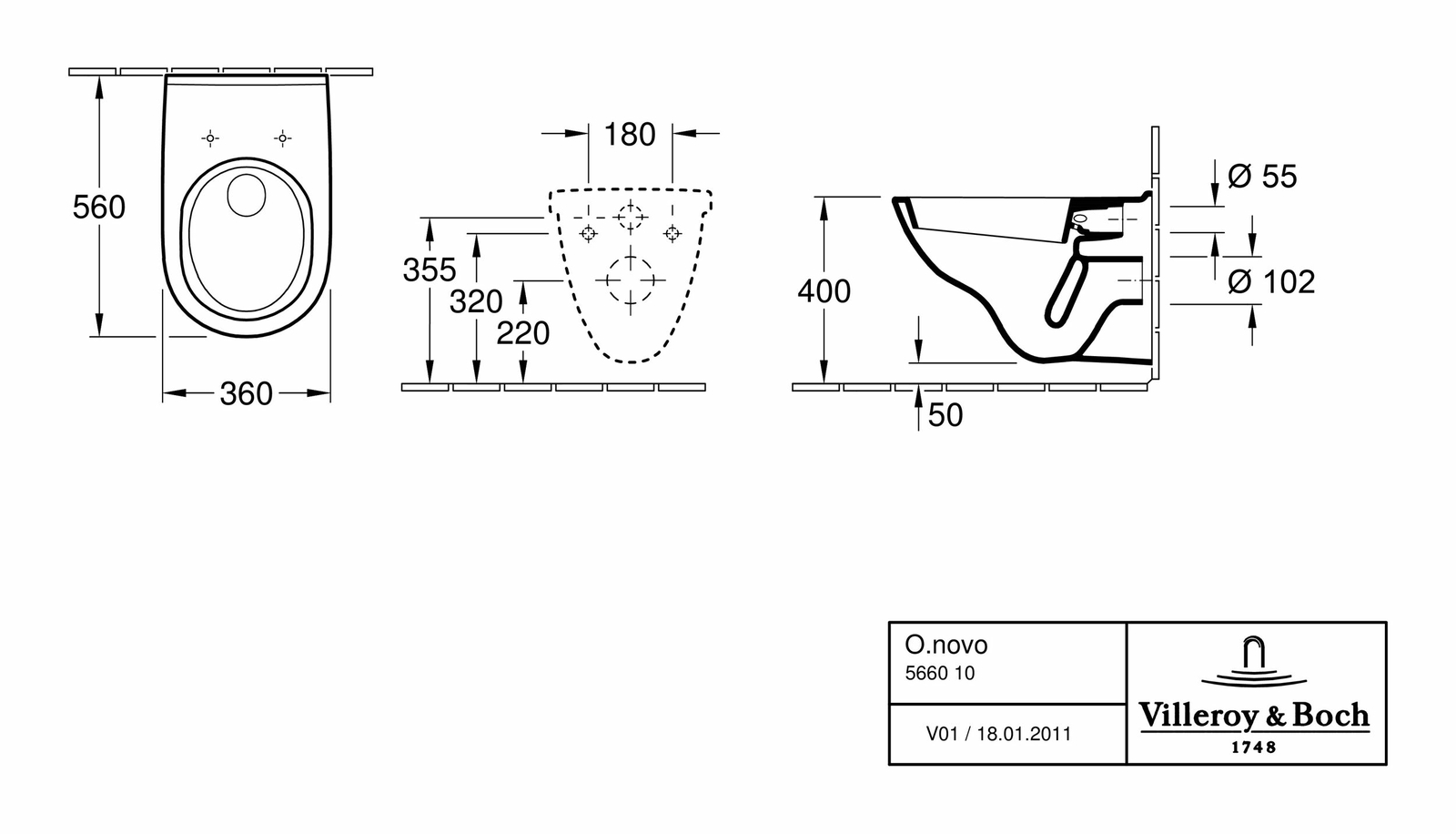 Villeroy & Boch O.novo Combi-Pack Tiefspül-WC wandhängend 360 x 560 ...