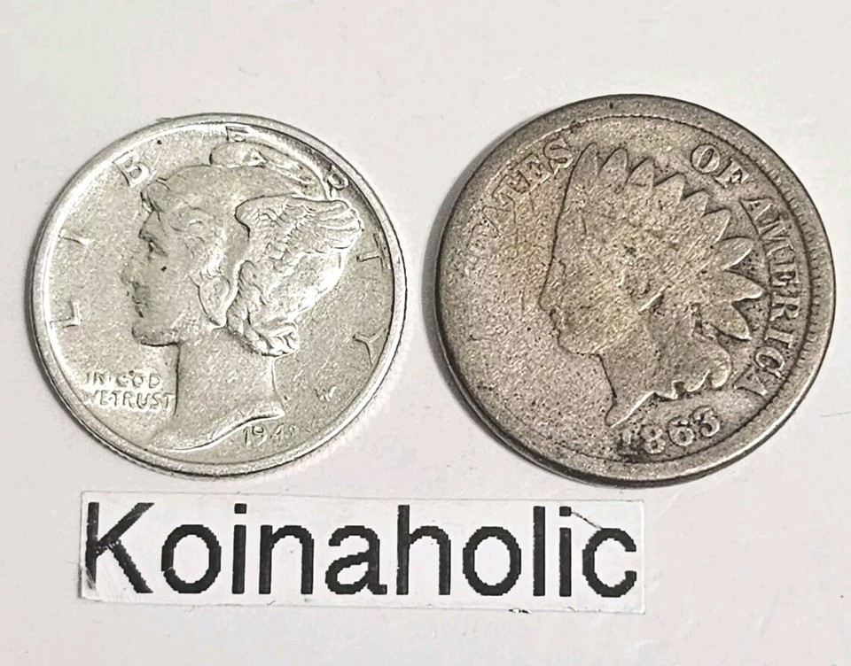 1863 Civil War Era Indian Head Penny Small Cent And Mercury Dime ...