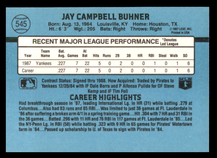 1988 Donruss Jay Buhner Rookie/RC card #545 New York Yankees | eBay