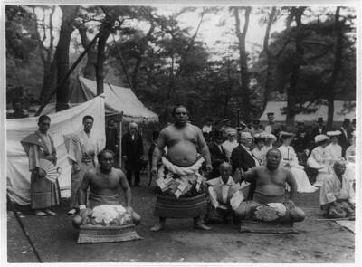 Champion Japanese wrestlers,sumo,sports,spectators,athletes,tents ...