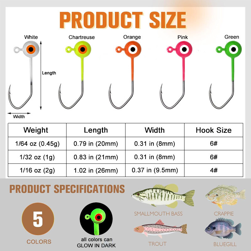 50/100pcs Round Jig Heads Fishing Hook Crappie Bass Trout Lure 1/64 1/ ...