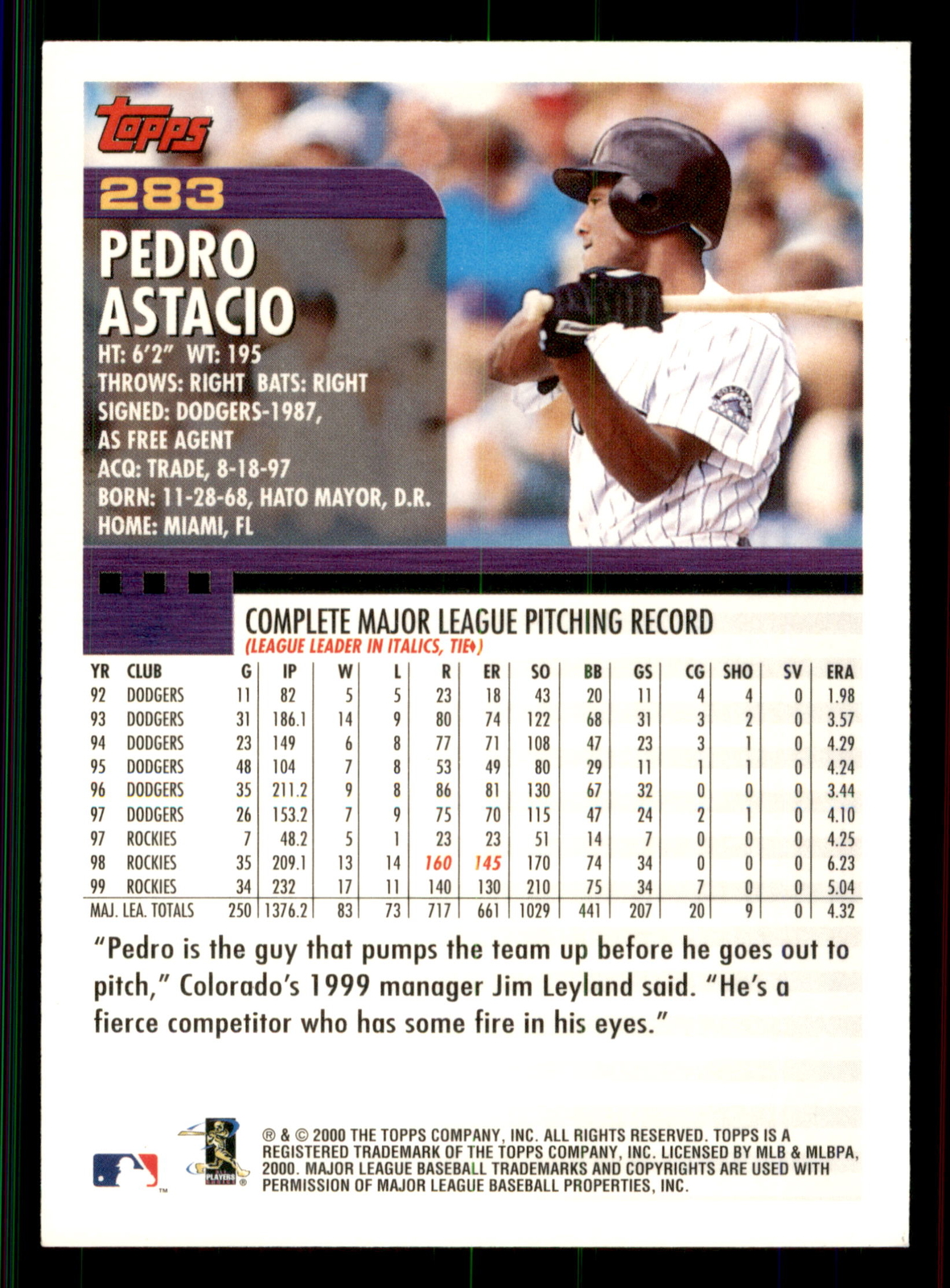 2000 Topps Pedro Astacio #283 Colorado Rockies | eBay