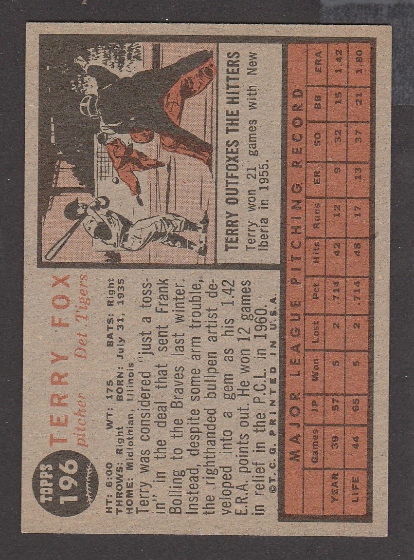 1962 TOPPS BASEBALL # 196 TERRY FOX INV A1849 | eBay