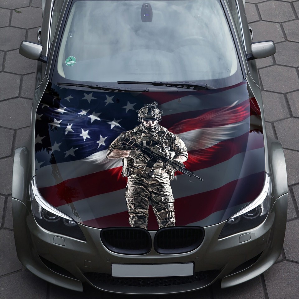 Soldier with American Flag Wings Car Hood Wrap Decal Vinyl Sticker Fit ...