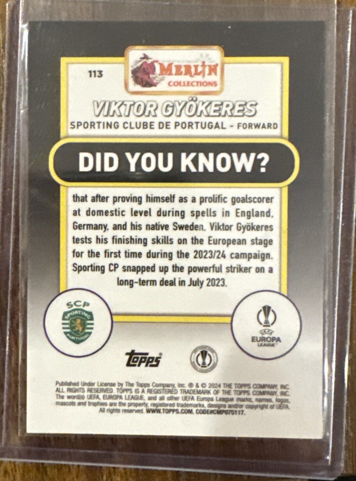 2023-24 Topps Merlin UEFA Viktor Gyokeres #113 RC Rookie Gold Refractor ...