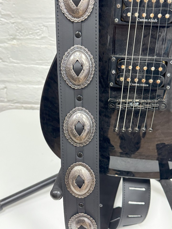 Antique Silver Concho Guitar Strap Genuine Black Leather Handmade Rock ...