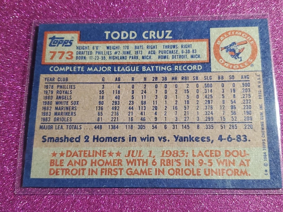 1984 Topps #773 Todd Cruz Baltimore Orioles | eBay