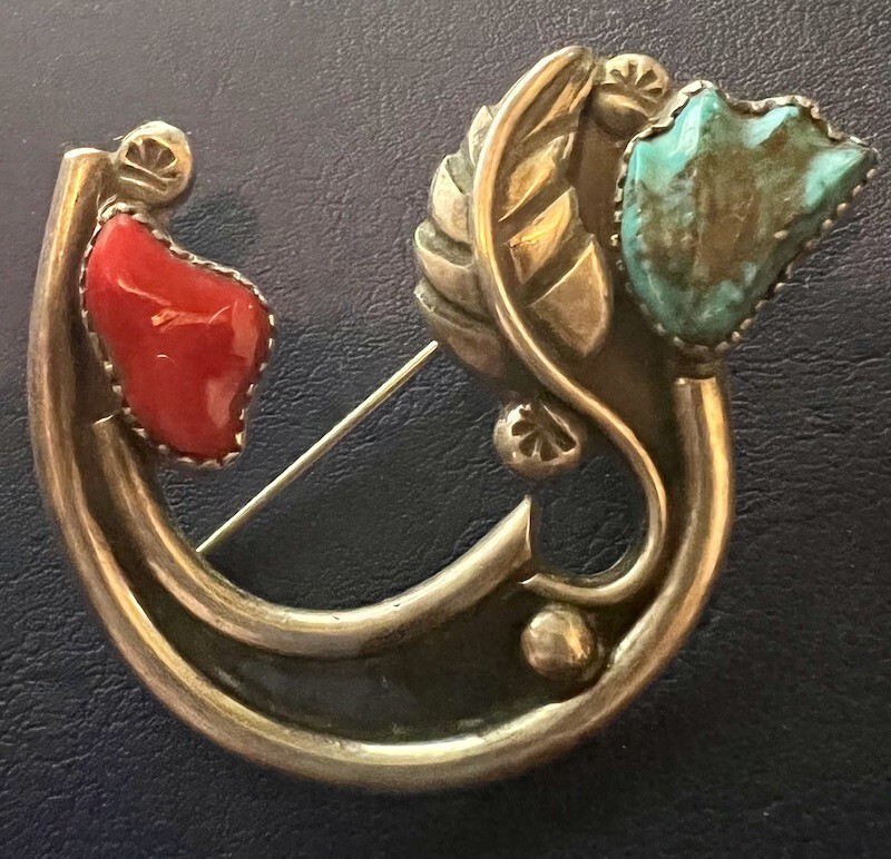 Masterpiece Zuni Cochiti Ben Eustace Pin Carved Natural Coral Turquoise ...